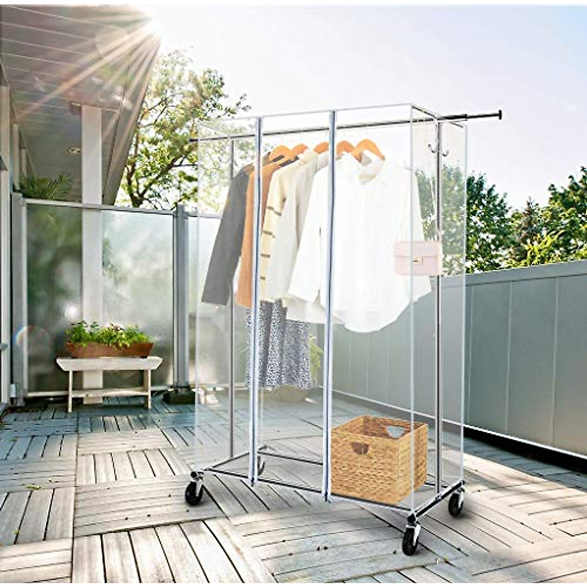 GREENSTELL Garment Rack with PVC Cover on Wheels (Standard Size) + Garment Rack with PVC Cover on Wheels (Lager Size), Heavy Duty Adjustable Clothing Rack with Extendable Hanging Railand Two Hooks