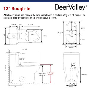 DeerValley DV-1F026 Ally Dual Flush Elongated Standard One Piece Toilet with Comfortable Seat Height, Soft Close Seat Cover, High-Efficiency Supply, and White Finish Toilet Bowl (White Toilet)