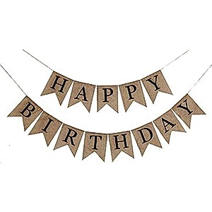 Happy Birthday Burlap Banner Rustic Bunting Garland Swallowtail Flags for Birthday Party Decorations by Ucity (Black)