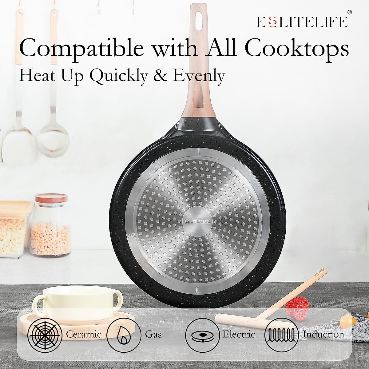 ESLITE LIFE 8 Inch Crepe Pan with Spreader, Nonstick Granite Coating Mini Flat Skillet Dosa Tawa Comales Para Tortillas Pancake Pan, PTFE & PFOA Free, Black