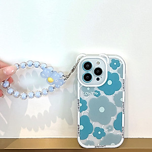 NITITOP Compatible for iPhone 13 Pro Max Case Clear Flower Floral Camera with Lovely Bracelet Chain Bear Lens Case for Women Girls, Shockproof Protective Soft TPU Cover - Blue