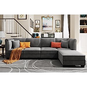 Vongrasig 5 Pieces Sectional Couch Modular Sofa with Reversible Chaise 116" Velvet L-Shaped Couch Sofa 4-seat Modular Large Sectional Couch with Ottoman for Living Room, Upholstered Cushion (Grey)