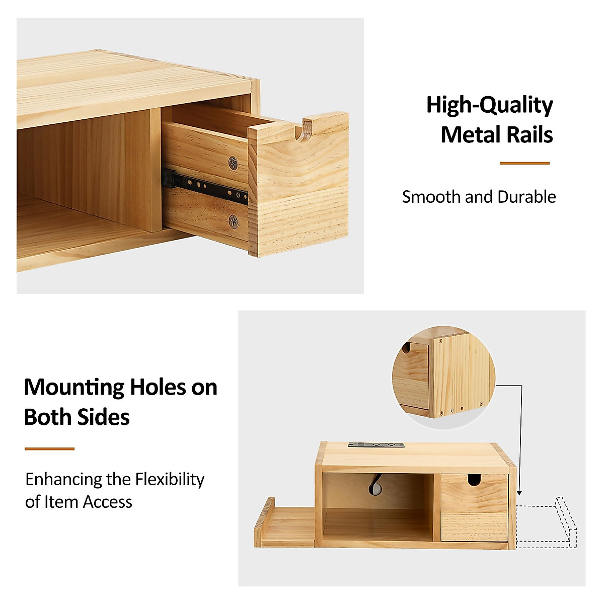 Afuly Floating Nightstand with Charging Station, Modern Night Stand with Drawer Wall Mounted Bedside End Table, Solid Wood Nightstand Side Table Shelf for Bedroom Natural Wooden Decor