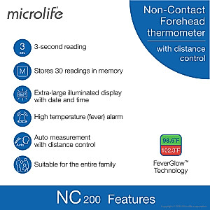 Microlife Non-Contact Forehead Thermometer, Digital Infrared No-Touch Thermometer (for Adults, Kids & Baby), Large Backlit LCD Screen, Fever Alarm, Memories & Instant Accurate Readings