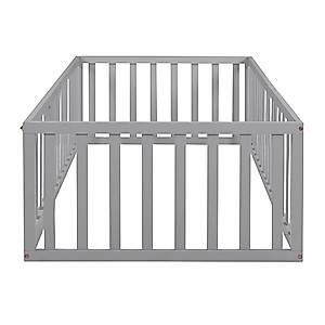 Harper & Bright Designs Twin Floor Bed with Rails, Montessori Floor Bed Wood Frame with Fence and Door, for Kids Girls Boys (Twin Size,Gray)