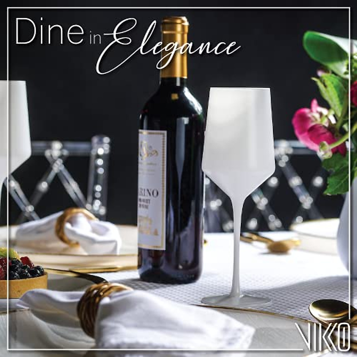 Vikko Décor Matte White Wine Glasses | Thin, Handblown Glass – Tall, Elegant Stem – Dishwasher Safe – 11 Ounce Cup – Set of 6 Stunning Wine Glasses – 8.6” x 2.4”