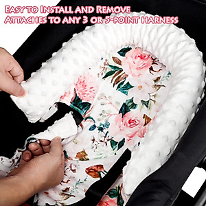 DILIMI Baby Car Seat Head Support, Soft Minky Infant Carseat Head Support for Boys and Girls, Car Seat Head Support with Straps Cover for Car Seats, Strollers and Bouncers, Pink Flower