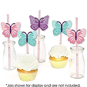 Big Dot of Happiness Beautiful Butterfly - Paper Straw Decor - Floral Baby Shower or Birthday Striped Decorative Straws - Set of 24