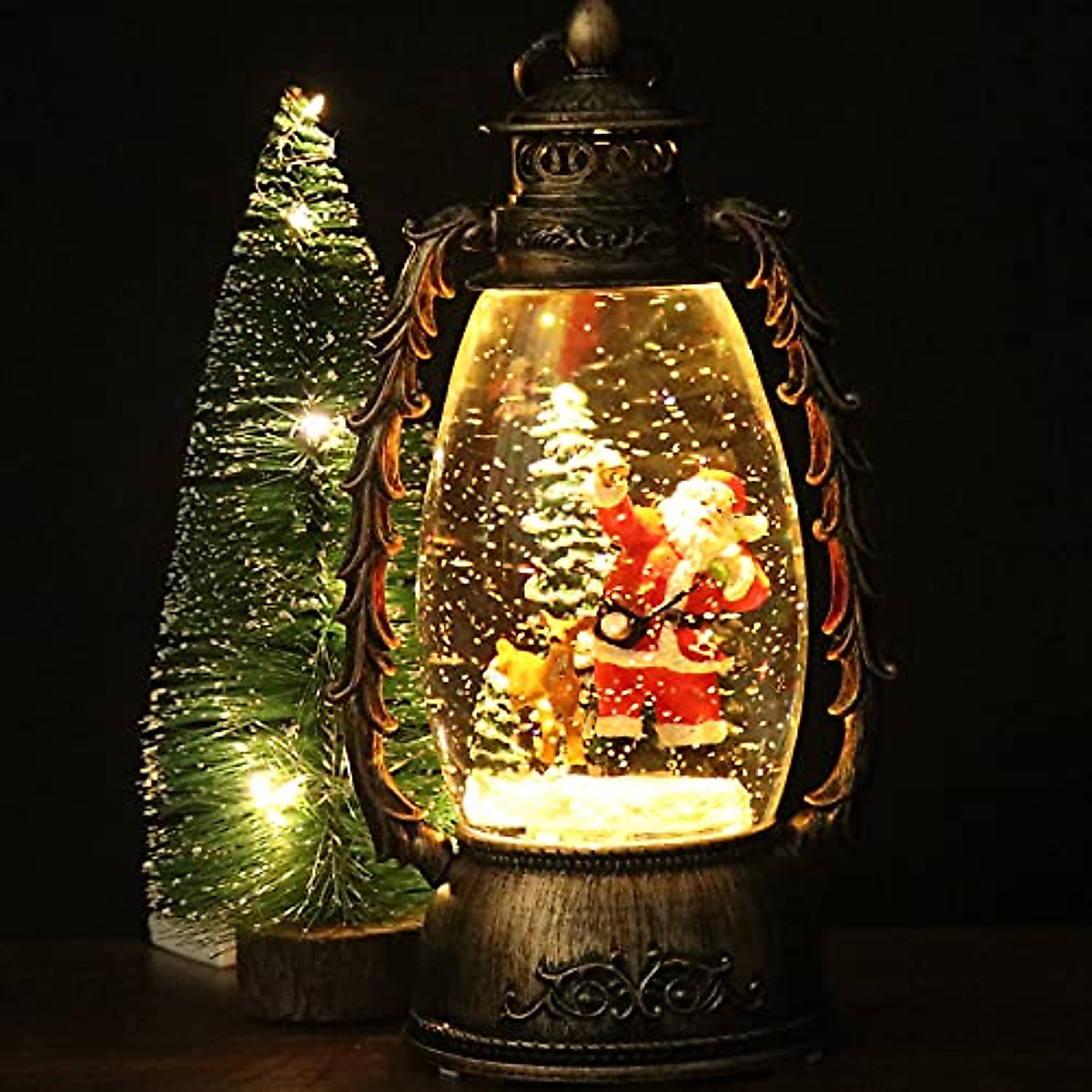 Wondise Lighted Christmas Snow Globes Musical Lantern Santa with Timer, Battery and USB Powered, Santa Resin Statue Spinning Water and Swirling Glitter Holiday Decor