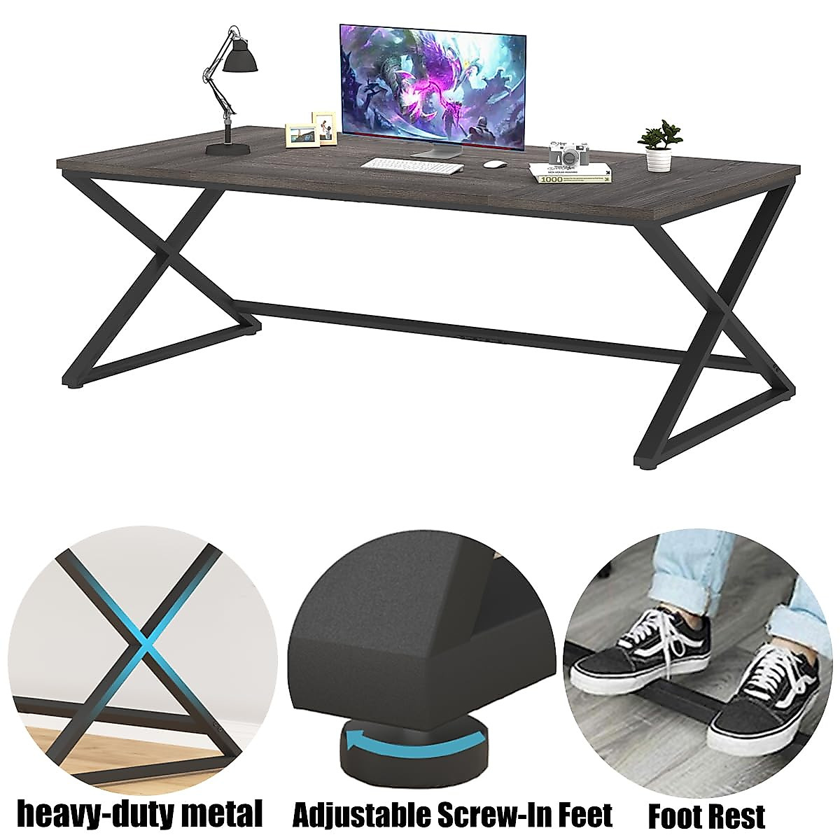 IBF 70.8” Long Computer Desk, Industrial Large Home Office Desk for Writing Study, Rustic Gaming Executive Work Desk for 2 Person, Wood Metal Pc Workstation Computer Table for Living Room, Dark Gray