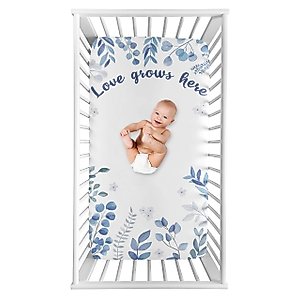 Sweet Jojo Designs Floral Leaf Boy or Girl Fitted Crib Sheet Baby or Toddler Bed Nursery Photo Op - Blue Grey and White Boho Watercolor Botanical Flower Woodland Tropical Garden Love Grows Here