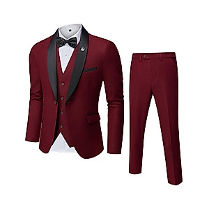 MYS Mens 3-Piece Suit Shawl Lapel One Button Tuxedo Slim Fit Premium Dinner Jacket Vest Pants & Tie Set Deep Red