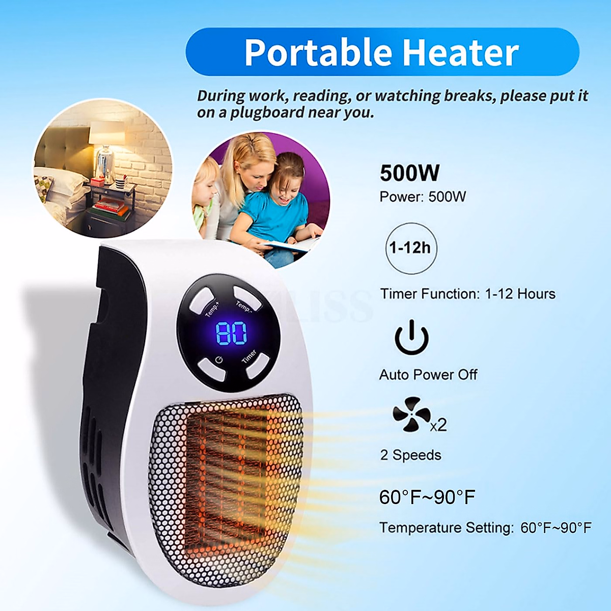 Portable Plug in Heater, 500W Electric Small Space Heater Indoor with Overheat Protection, Adjustable Electronic Thermostat, Precise LED Display Plug in Wall Heaters for Indoor Use