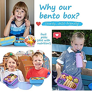 QQKO Bento Lunch Box for Kids Girls Boys, Toddler Kids Lunch Boxes for School, Lunch Containers for Adults Kids with 4 Compartments, Sauce Container, Utensils, Food Picks and Muffin Cups, Blue