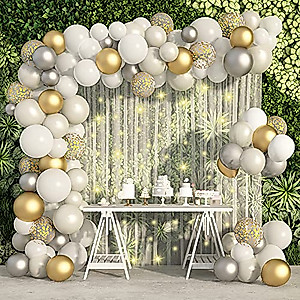 White Balloon Garland Kit with String Lights White Backdrop Curtain, Silver White and Gold Confetti Pearlescent Latex Balloons for Baby Shower Wedding Birthday Party Decorations