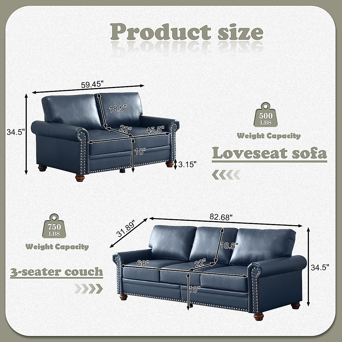 Antetek 2-Piece Comfy Upholstered PU Leather Sofa Couch Set, Mid-Century Modern Loveseat Sofa+3 Seater Couch with Storage Space for Living Room, Furniture Set, Navy Blue
