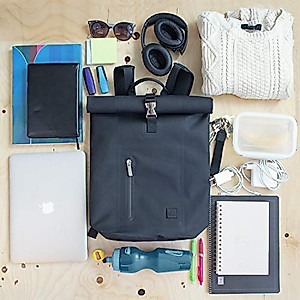 The Friendly Swede Slim Roll Top Laptop Backpack, Fits 13" Laptop, Travel Backpack for Women, Backpack for Men, Backpacks, School Backpack, Back Pack, Womens Backpack, Bookbag - Waterproof TPU - Black