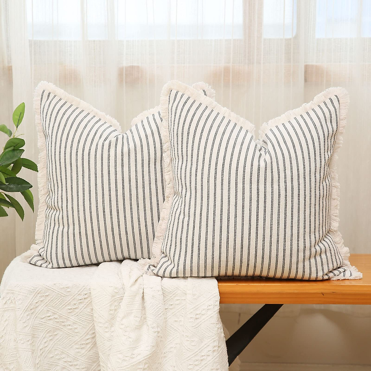 Hckot Throw Pillow Covers 18x18 Set of 2 Striped Pillow Covers with Fringe Chic Cotton Decorative Pillows Square Cushion Covers for Sofa Couch Bed Living Room Farmhouse Decor,Grey