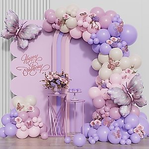 Purple Butterfly Balloon Arch Garland Kit 150 pcs White Sand Boho Pastel Balloon with Purple Large Butterfly Foil Balloon Butterfly Theme Birthday Baby Shower Fiesta Party Decorations for Girls