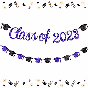 Class of 2023 Banner Purple 2023 Graduation Decorations Purple and Black Bachelor Cap Garland for Grad Party Decorations 2023 Congrats Grad Bunting Sign
