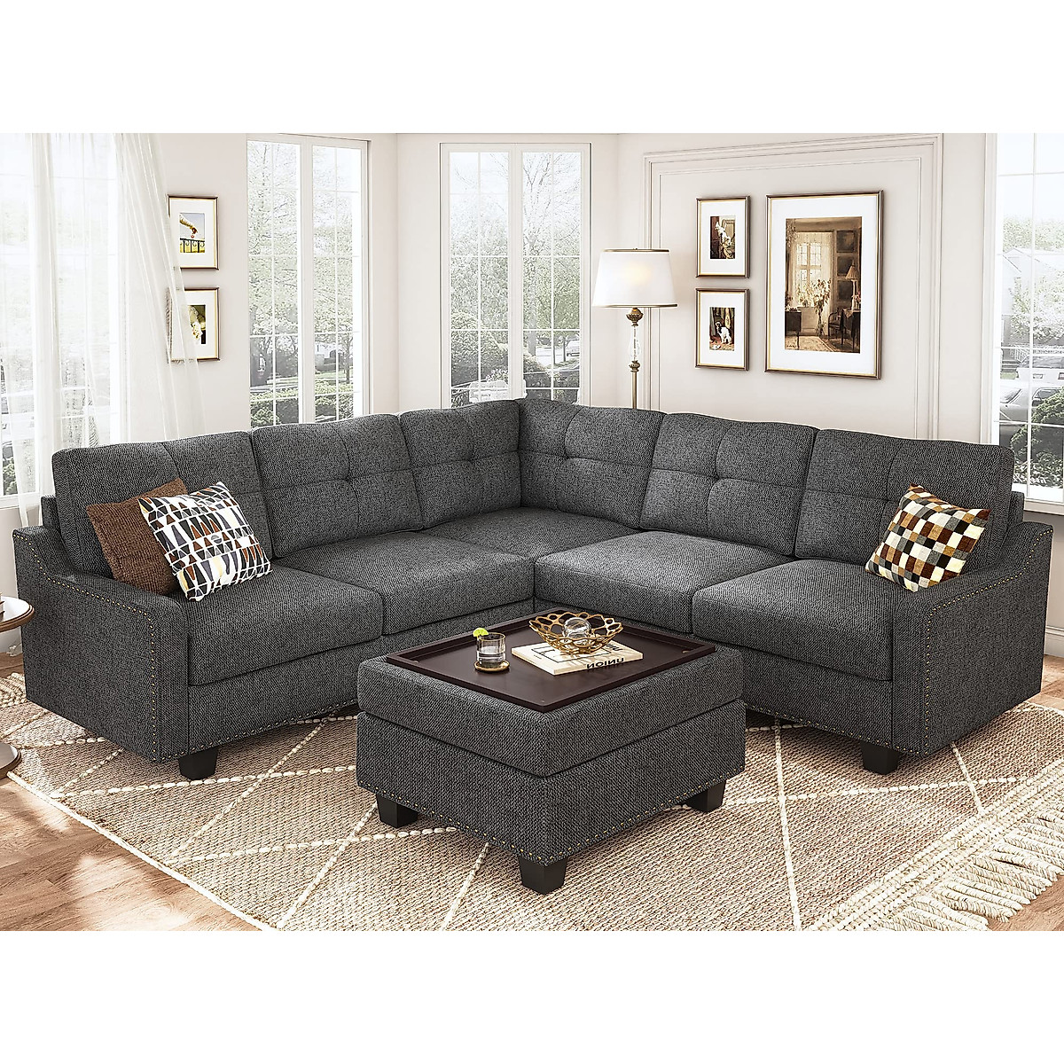 HONBAY Convertible Sectional Sofa with Storage Ottoman L Shaped Couch for Small Apartment Reversible Sectional Sofa for Living Room,Dark Grey