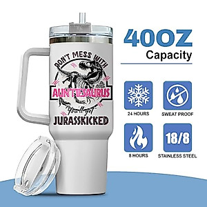 UNILYLY Auntiesaurus Nutrition Facts, Aunt Auntie Coffee Handle For Cups Gift, Dinosaur Insulated Cup Aunt Double Wall, Tumbler 40 Oz With Handle Lid And Straw, Auntiesaurus Gifts