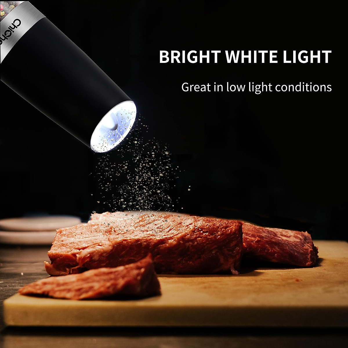 ChiChefs Gravity Electric Salt and Pepper Grinder Set, Automatic Salt and Pepper Mill Grinder, Battery Operated with White LED Light, Adjustable Coarseness, One Handed Operation, Stainless Steel