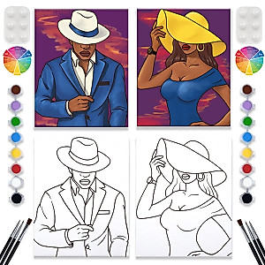 VALLSIP 2 Pack Paint and Sip Canvas Painting Kit Pre Drawn Canvas for Painting for Adults Stretched Canvas Couples Games Date Night Gentleman and Lady Paint Party Anniversary Valentines Day