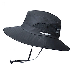 HSELL Womens UV Protection Wide Brim Sun Hats Cooling Mesh Ponytail Hole Cap Foldable Travel Outdoor Fishing Hat (Black)