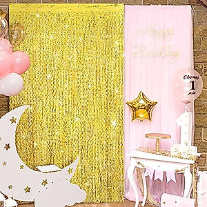 3 Pcs Fringe Curtain Backdrop,3.3 x 6.6 ft Wave Streamers Tinsel Metallic Curtains Photo Backdrop Streamers for Mermaid Birthday Under Sea Ocean Themed Party Decorations (Gold)