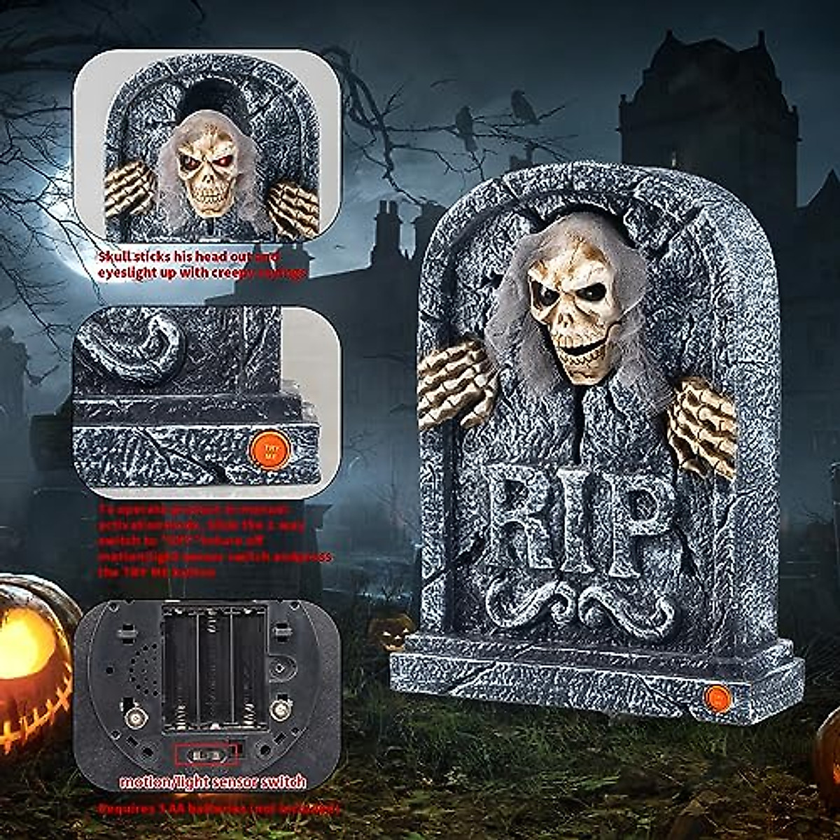 Halloween Zombie Tombstone Animated Skeleton Decorations Yard Decor Motion Sensor Activated, Creepy Voice, Spooky Skull Head, Light Up Eyes, Scary Haunted Prop