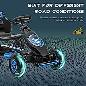 Aosom Kids Pedal Go Kart Ride-on Toy with Ergonomic Comfort, Pedal Car with Tough, Wear-Resistant Tread, Go Cart Kids Car for Boys & Girls with Suspension System, Safety Hand Brake, Ages 5-12, Blue