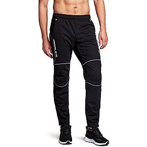 TSLA Men's Thermal Windproof Cycling Pants, Fleece Lined Outdoor Bike Pants, Winter Cold Weather Running Pants, Cycling Windproof Pants Black & Lime, Large