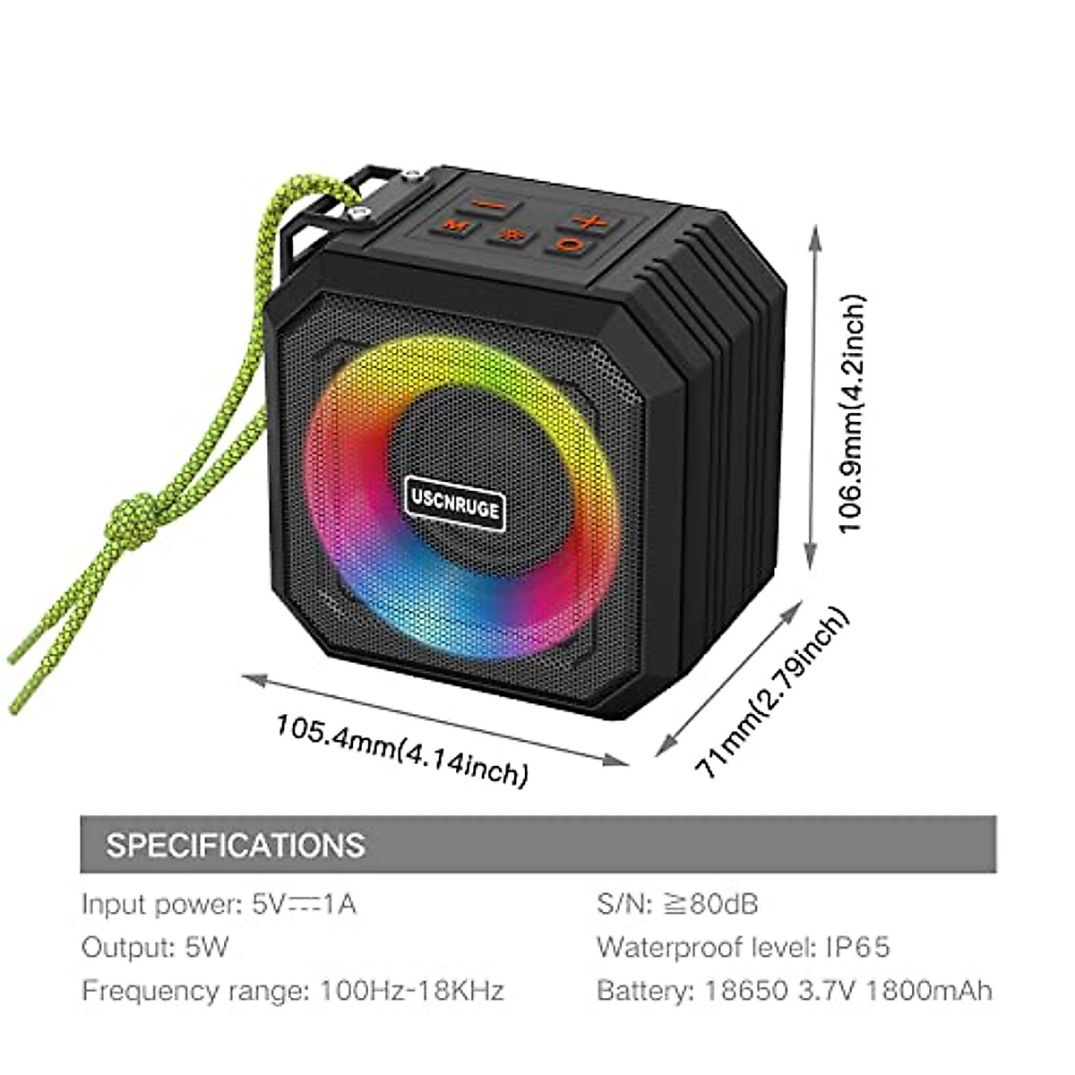 USCNRUGE Portable Bluetooth Speaker IP65 Waterproof Shower TWS Wireless 360° Stereo Subwoofer with RGB Multipul Colors Rhythm Lights for Beach Pool Camping Gifts Support TF Card AUX U Disk FM Radio