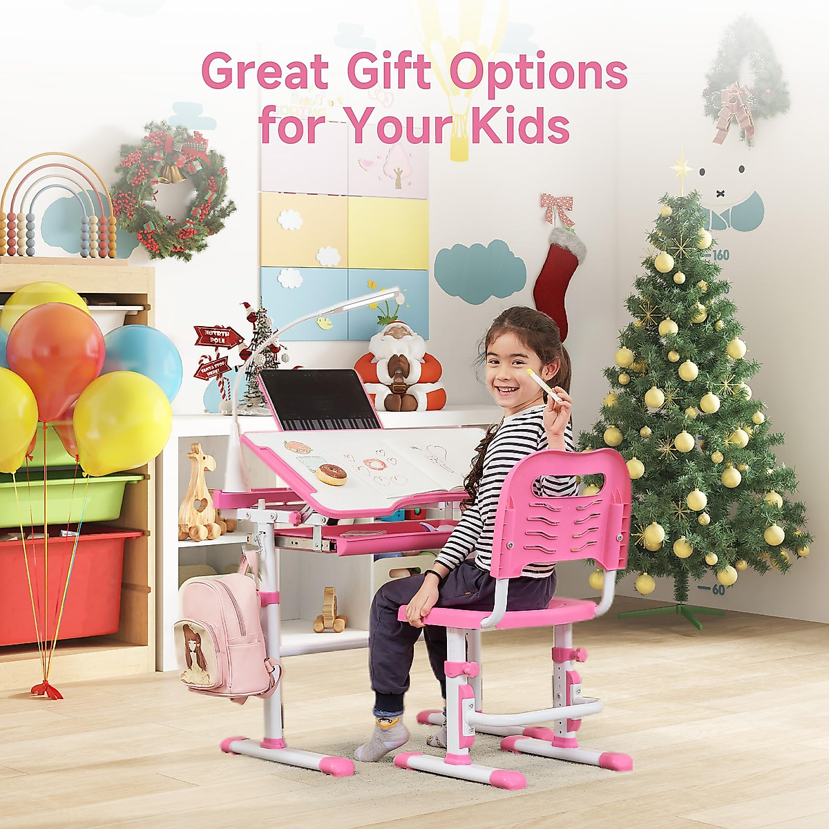 Real Relax Height Adjustable Childrens Desk and Chair Set, Kid's School Workstation with Tilt Desktop, Pink