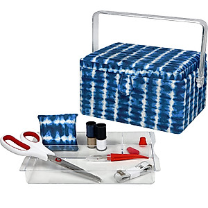 SINGER Large Sewing Basket with Notions & Matching Pin Cushion | Sewing Kit & Storage with Scissors, Tape Measure, Thread, & More (Blue Tie Dye)