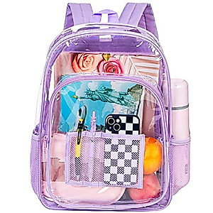 AGSDON Clear Backpack, Heavy Duty Transparent Bookbag, See Through PVC Backpacks for Women - Purple