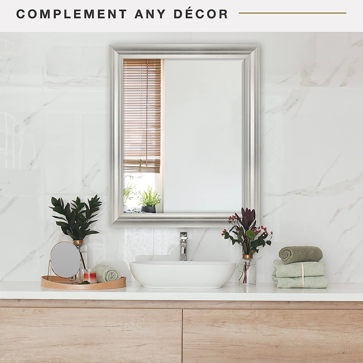 MCS Large Wall Mirror, Modern Rectangle Mirror Home Decor for Living Room, Bedroom, or Bathroom, 26.5 by 32.5 Inch, Brushed Silver