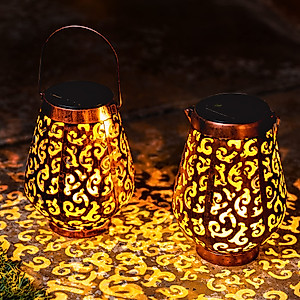 JOIEDOMI 2 Pack Outdoor Solar Hanging Lantern Lights, Waterproof Table Top Solar Lanterns, LED Metal Decorative Garden Solar Lights, Moroccan Lanterns Solar Powered with Handle for Patio