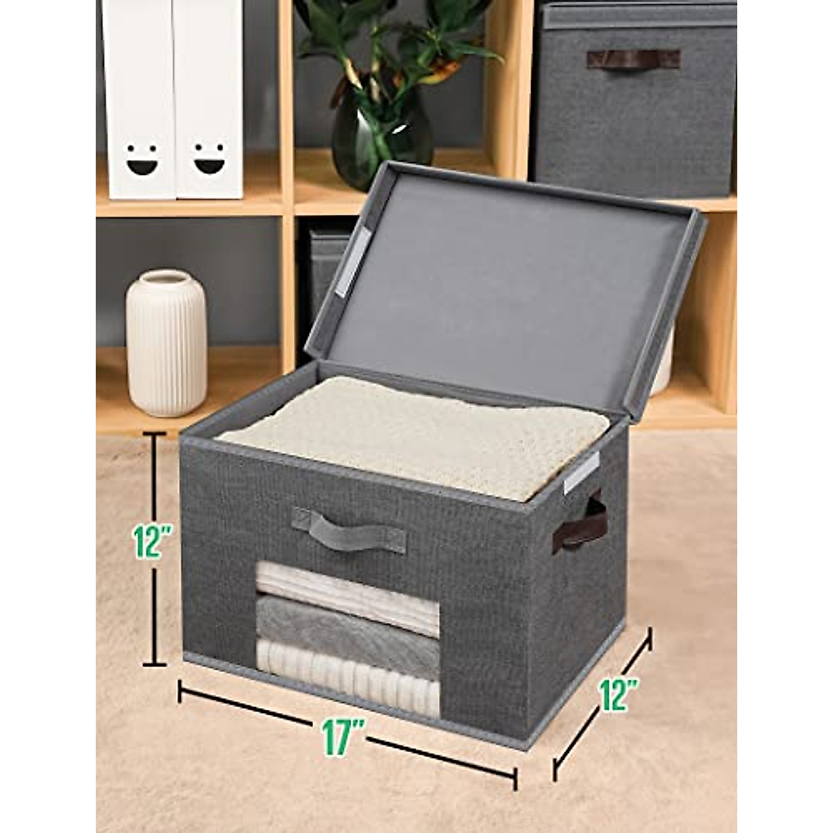 DAMAHOME Collapsible Storage Bins with Lids - Closet Clothes Box Clear Window, Large Foldable Fabric Basket Cube Organizer for Bedroom,Underbed,Kids Toy Chest 3-PACK 17" Lx12 Wx12 H(GREY)