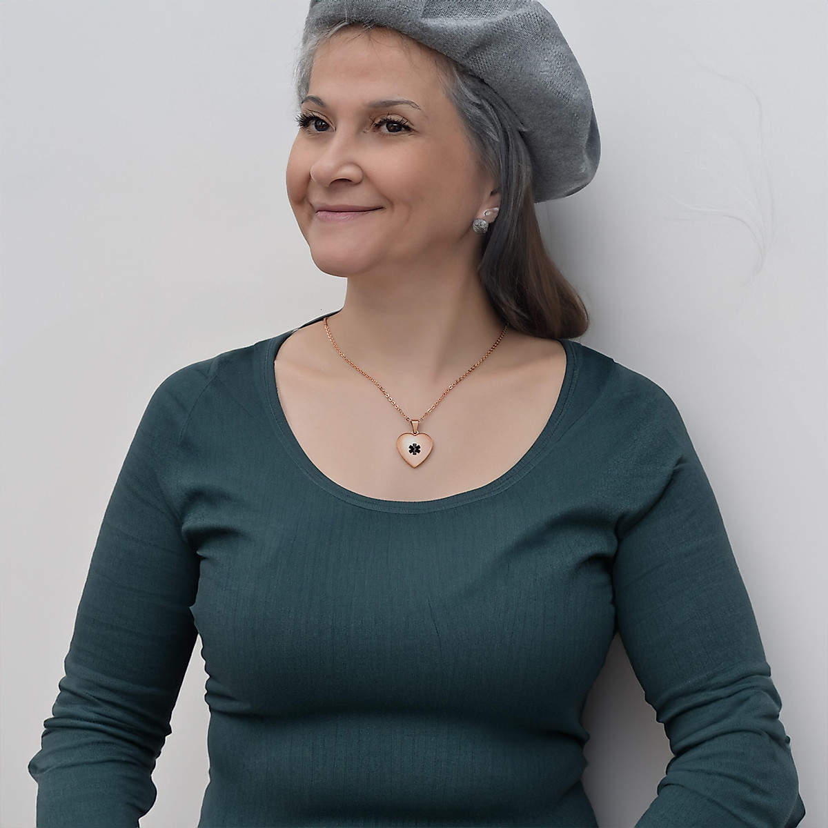 LinnaLove Free Engraving Heart Charm Medical ID Alert Necklaces for Women(Rose Gold)