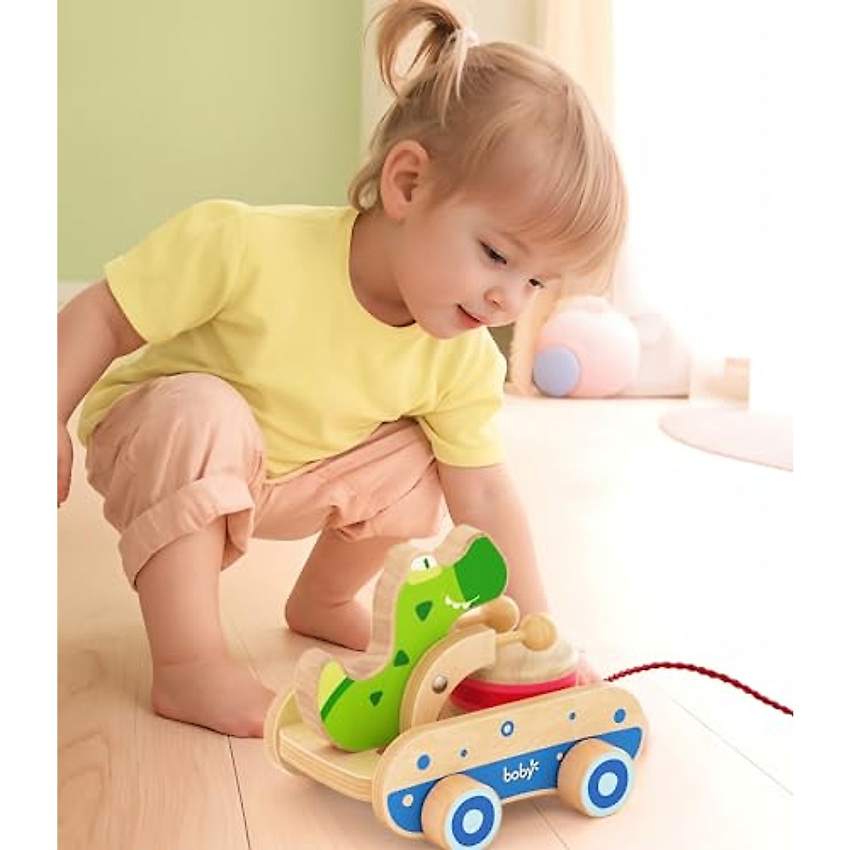 Baby Gift Wooden Toddler Pull Toy, Crocodile Drum Tapping Children's Toy, Baby dragging and Learning to Walk, Rope Traction Rope Crawling for Toddlers Ages 1+