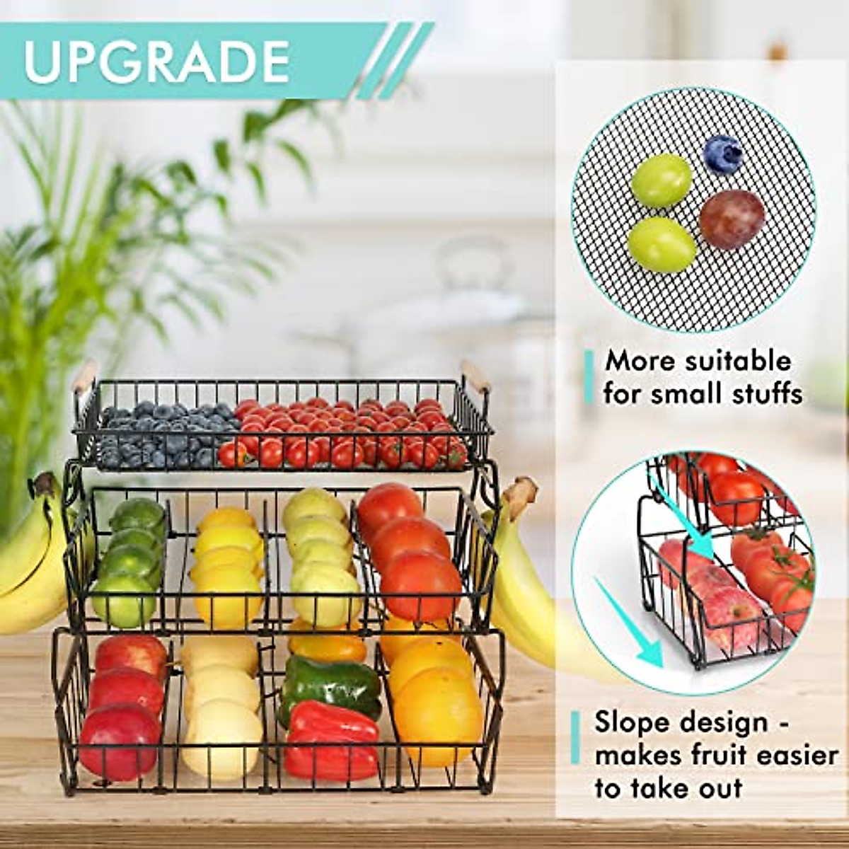 HOUMESO 3-Tier Countertop Fruit Basket Bowl with Banana Holder for Kitchen Beveled Detachable Fruit Vegetable Holder Storage Stand for Sorting Fruits