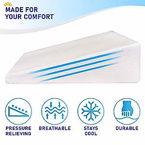 Bed Wedge Pillow Cooling Memory Foam Top – 8" 24" 24" Elevated Support Cushion, Triangle Wedge Pillow for Sleeping, Lower Back Pain, Acid Reflux, Heartburn, Allergies, Snoring – Removable Cover