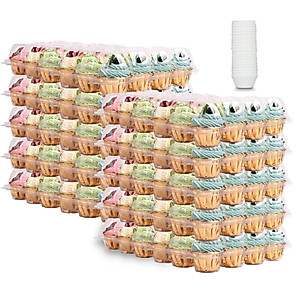 ZWYSLFCY (24 Pack x 10 Sets) Stackable Cupcake Carrier Holders with 240 Pack Cupcake Liners, Plastic Cupcake Boxes Holders for 24 Cupcakes, Clear Cupcake Trays, High Tall Dome Lid Cupcake Containers