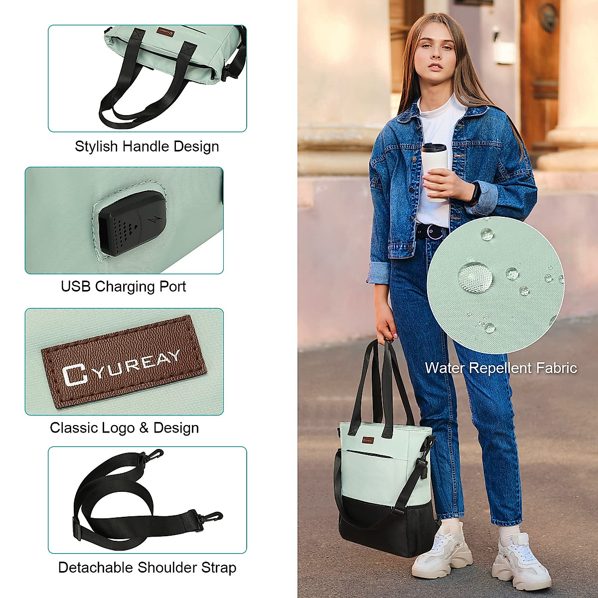 CYUREAY Convertible Backpack Bundle Tote Women Laptop Daypack Water Resistant Wide Top Open Casual Sunday School Bag for Work Computer College School Fits 15.6-Inch Laptop & Tablet