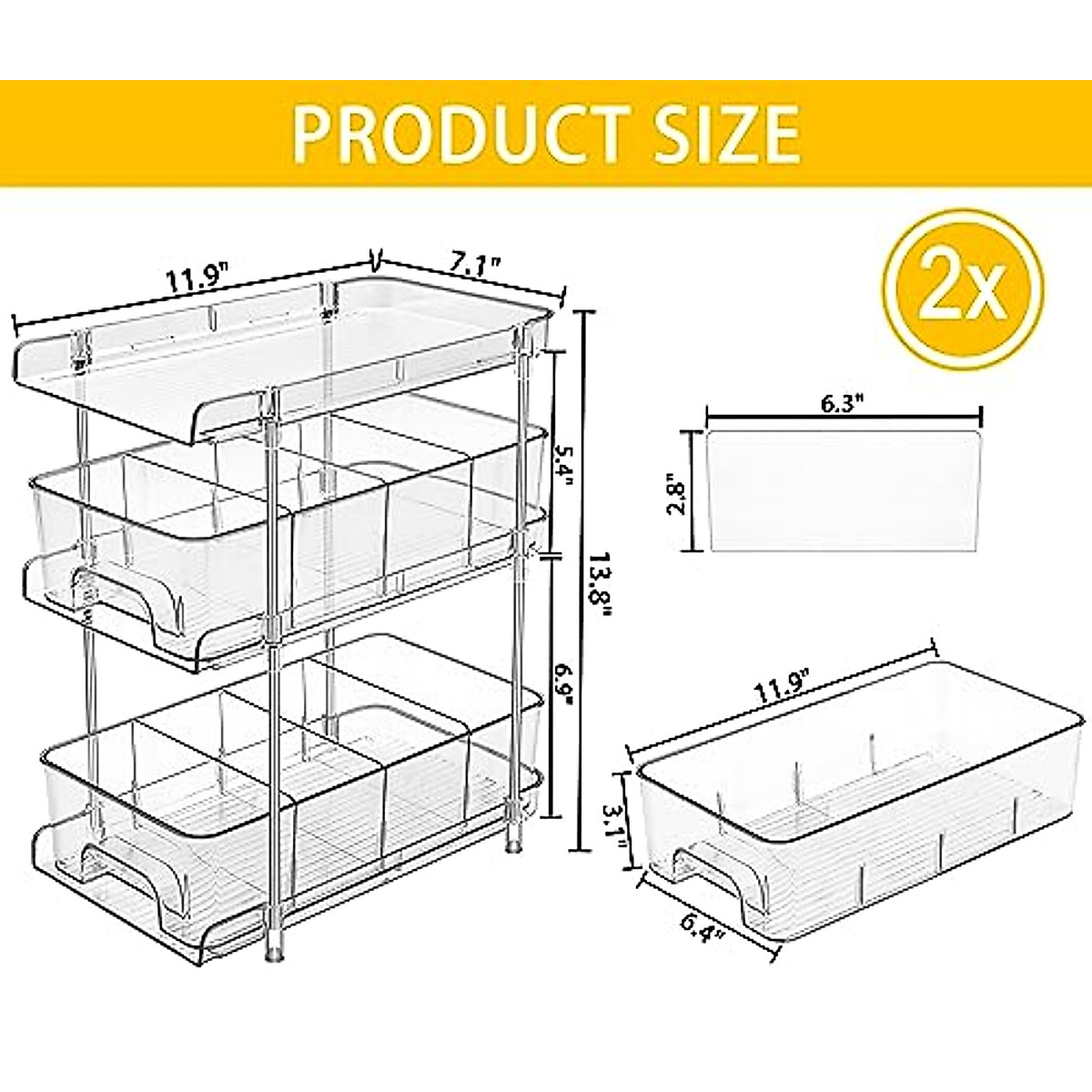 Hsuner 2 Set 3 Tier Clear Under the Sink Organizer Bathroom with Dual Pull-Out Drawers 12 Dividers, Multi-Purpose Storage for Kitchen Pantry, Vanity Skincare and Snacks, Medicine Cabinet Organizer
