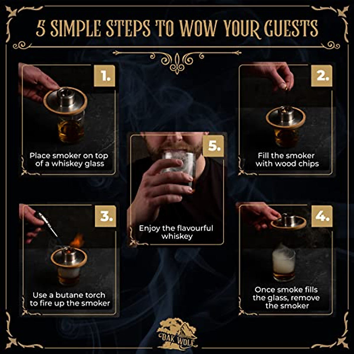 Oak Wolf Whiskey Smoker Kit With 4 Flavors of Wood Chips for Old Fashioned Cocktail Smoker - Stainless Steel Bourbon Smoker Kit Also Includes a Strainer & Brush - Bourbon & Whiskey Enthusiasts