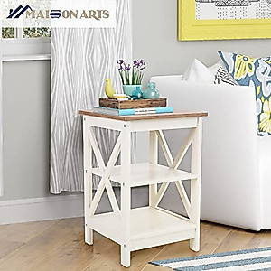 MAISON ARTS End Tables Living Room Set of 2 Farmhouse Side Tables 3-Tiers Rustic Nightstands with Storage for Bedroom, Modern Wood Look Mid Century Accent Furniture, Easy Assembly, Ivory