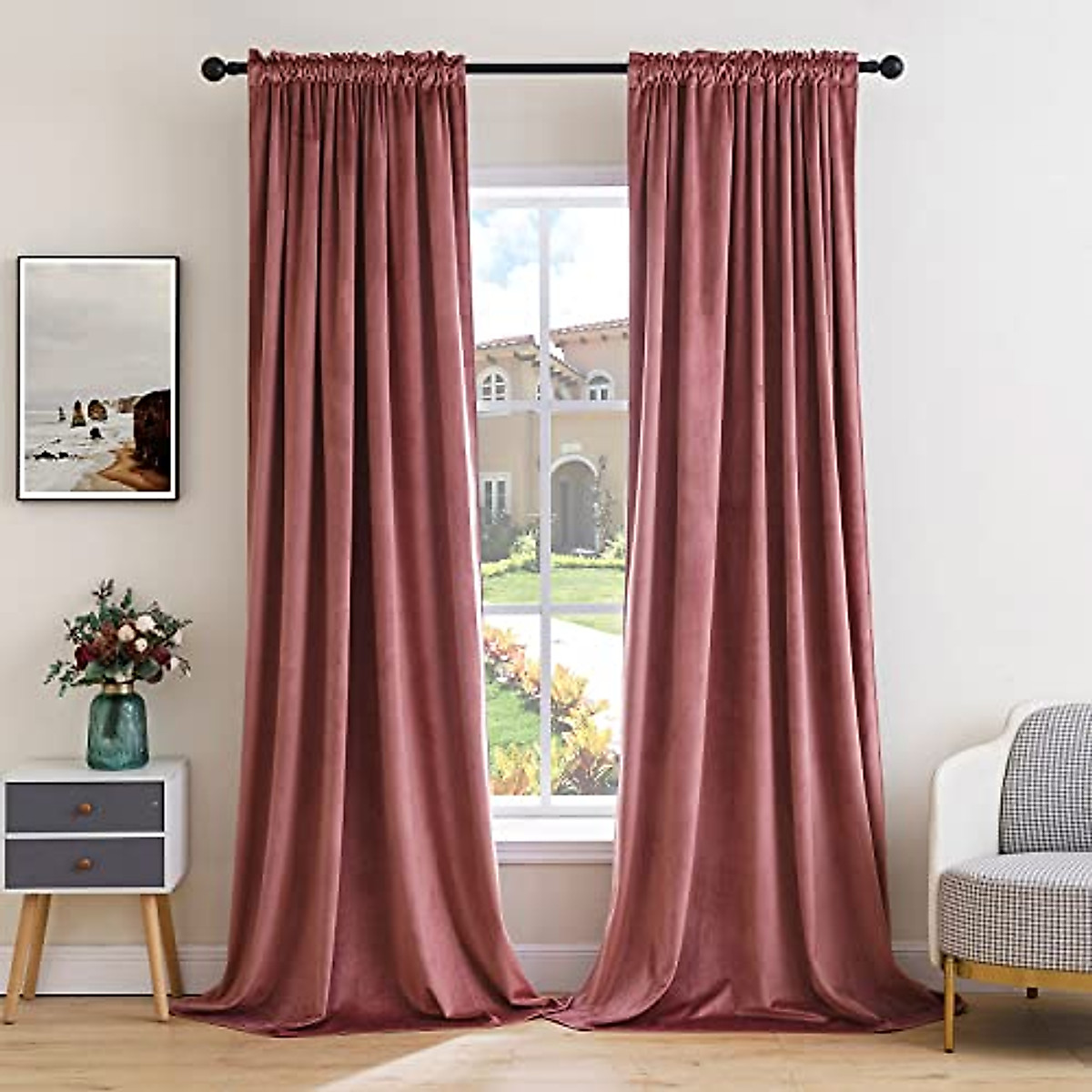 MIULEE Dusty Rose Velvet Curtains 84 inch Long and 100% Blackout Velvet Curtains